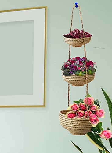 Serene Spaces Living Hanging Raffia Baskets for Your Kitchen – 3 Fair Trade Handmade Decorative Storage Baskets from Madagascar for Fruit and Vegetables