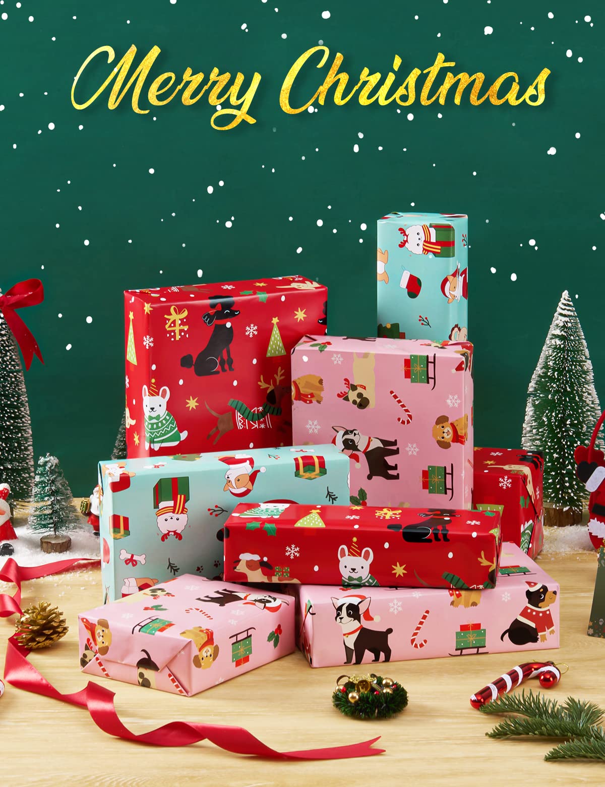 Dog Christmas Wrapping Paper - 10 Sheets, 27 x 20 inches, Holiday Gift Wrap with Puppy and Animal Prints