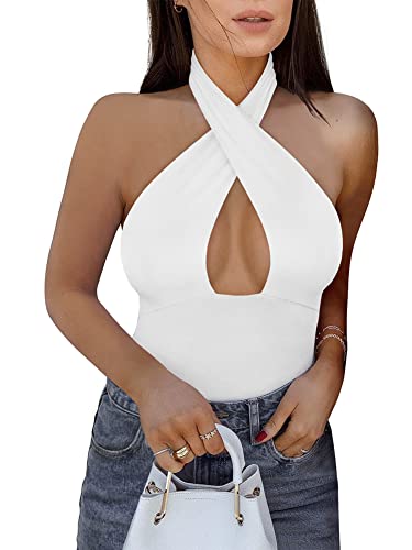 REORIA Women's Sexy Criss Cross Halter Neck Sleeveless Party Club Night Going Out Thong Bodysuits Tops White X-Large