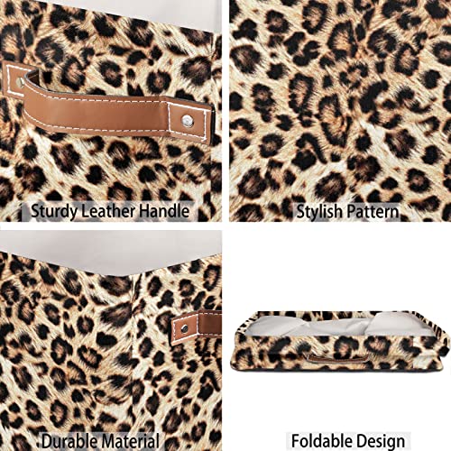 Leopard Wlidlife Print Striped Cube Storage Bins 13 x 13 x 13 inch, Leopard Animals Print Fabric Organizer Bins Basket Boxes with PU Leather Handles Foldable Storage Cube for Clothes Bedroom Closet Shelves