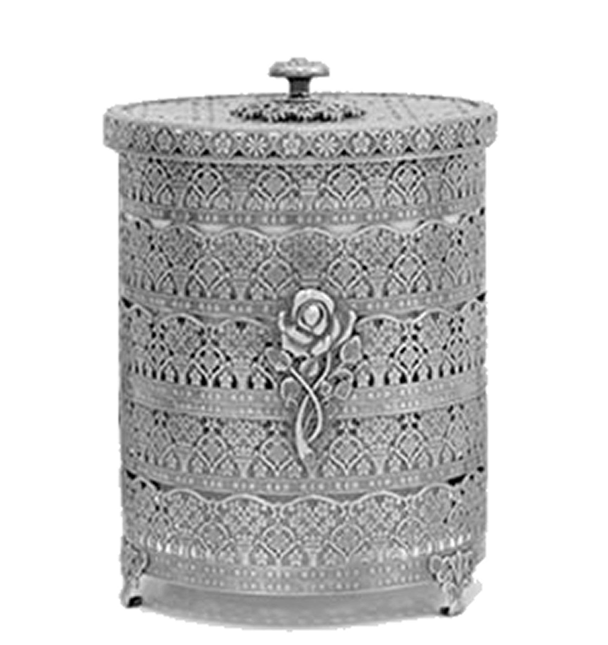 SEHAMANO Rose Patterned Antique Wastebasket, Vintage Decorative Small Trash Can, Garbage Container Bin for Vanity, Bedroom, Kitchen, Powder Rooms, Home Office Rubbish Bin (Small, Tin (Gray))