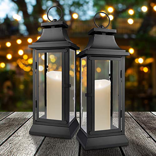 Serene Spaces Living Black Hurricane Lanterns with Clear Glass Panels, Perfect for Home Decor, Parties & Events, Table Top Or Hanging Lantern for Indoor & Outdoor, Measures 15" Tall and 5" Diameter
