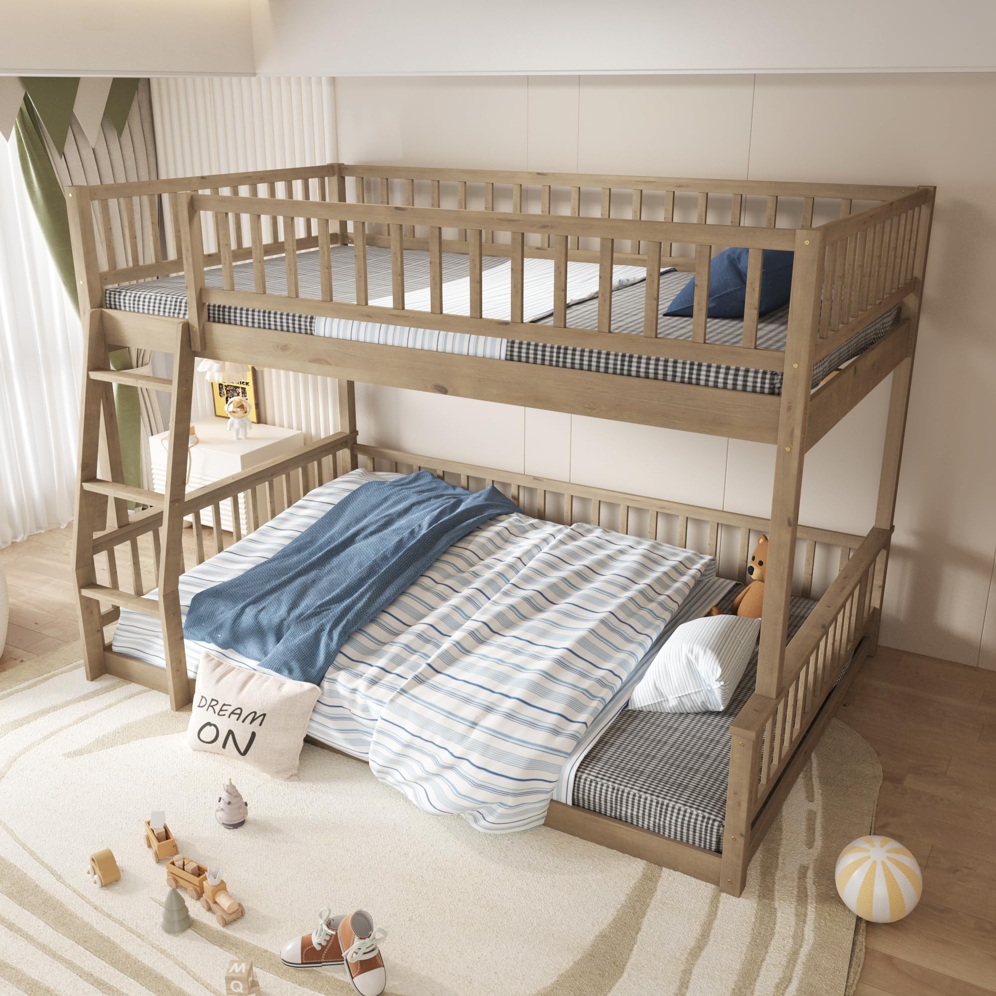 LZ LEISURE ZONE Full XL Over Queen Bunk Bed, Detachable Design Bunk Beds, Modern Wood Bunk Bed Frame with Ladder and Guardrails, No Box Spring Needed, Walnut