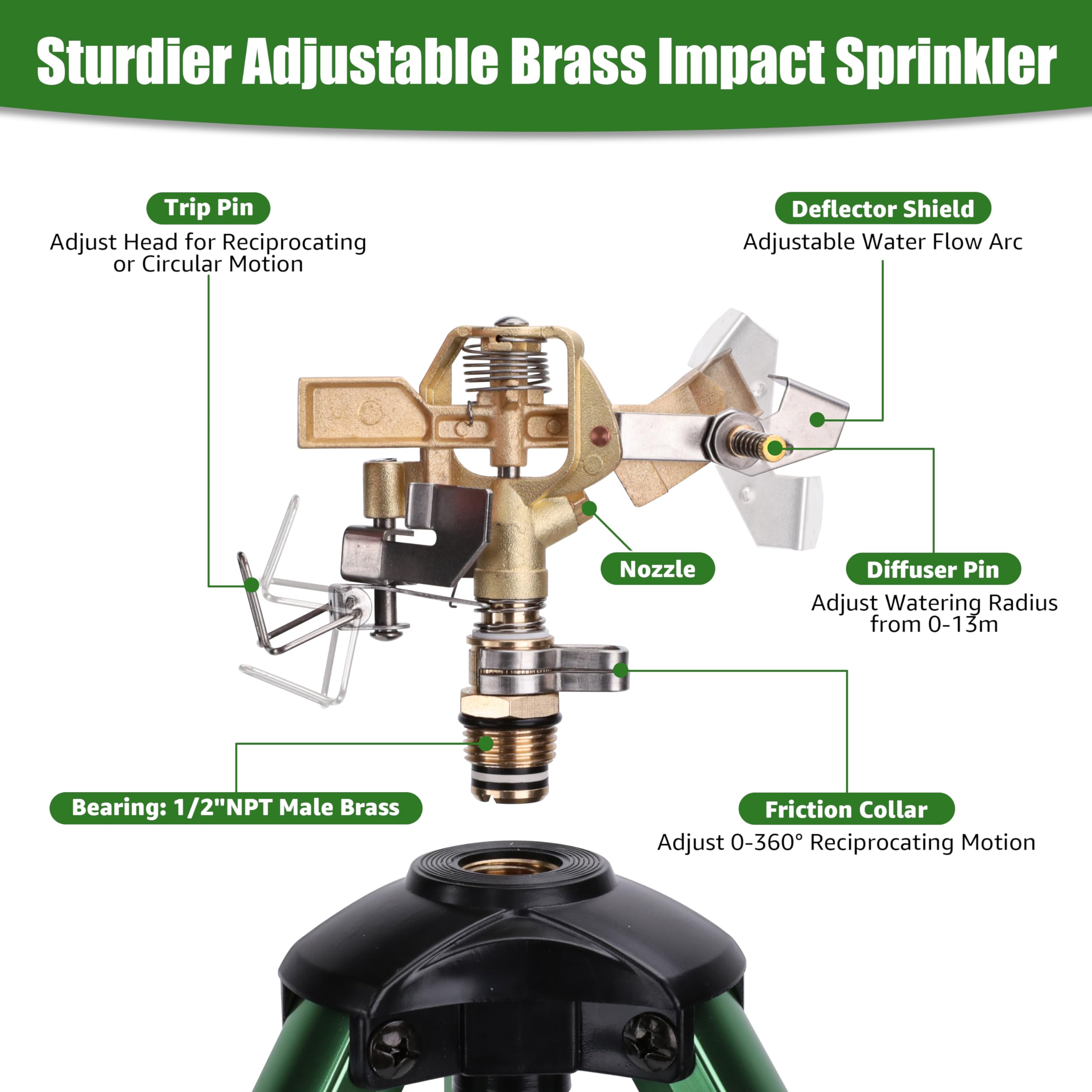 Heavy-Duty Brass Impact Sprinkler on Ground PlugTripod Base, 360 Degree, 0-43 Feet Large Area Coverage Yard Sprinkler, Adjustable Height 16-37โ Water Sprinkler for Lawn for Lawn/Yard/Garden