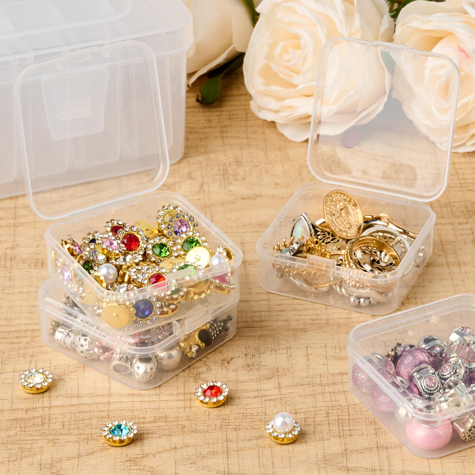 Mauproy Bead Organizer Box, 31 Pcs Small Clear Plastic Bead Storage Cases, Mini Rectangle Storage Containers with Hinged Lids and Labels for DIY Art Craft Jewelry Bracelet Making