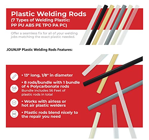JOUNJIP Plastic Welding Rods- 7 Types of Welding Plastic (PP PU ABS PE TPO PA PC) Most Common Plastics- For Use With Jounjip Plastic Welding Kit- 52 Pack of 13" x 1/8" Dia