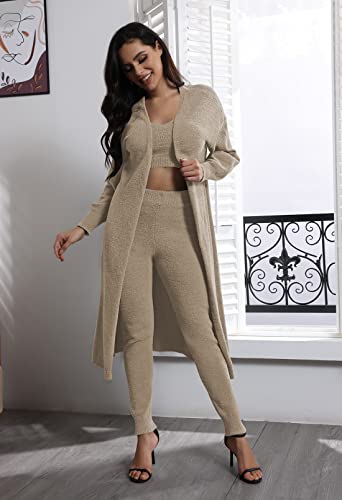 Fixmatti Fuzzy 3 Piece Legging Set for Women Open Front Cardigan Cropped Tops Long Pant Suit Khaki S