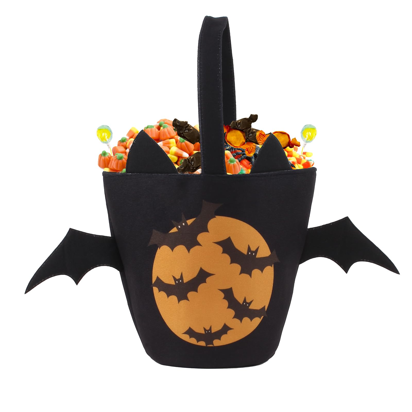 IDEA FAMILY Halloween Candy Trick or Treat Goodie Bags Kids Bat Bucket Basket with Handle Large Reusable Multipurpose Canvas Tote Bag Halloween Gifts Party Favors Supplies for Kids,Black