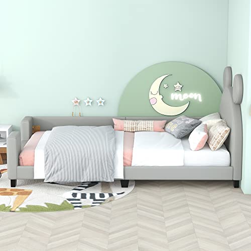 Twin Size Kids Upholstered Bed with Carton Ears Shaped Headboard,Children Twin Platform Bed Frame with PU leather,Cute Wooden Single Bed for Girls Boys, No Box Spring Needed , Grey