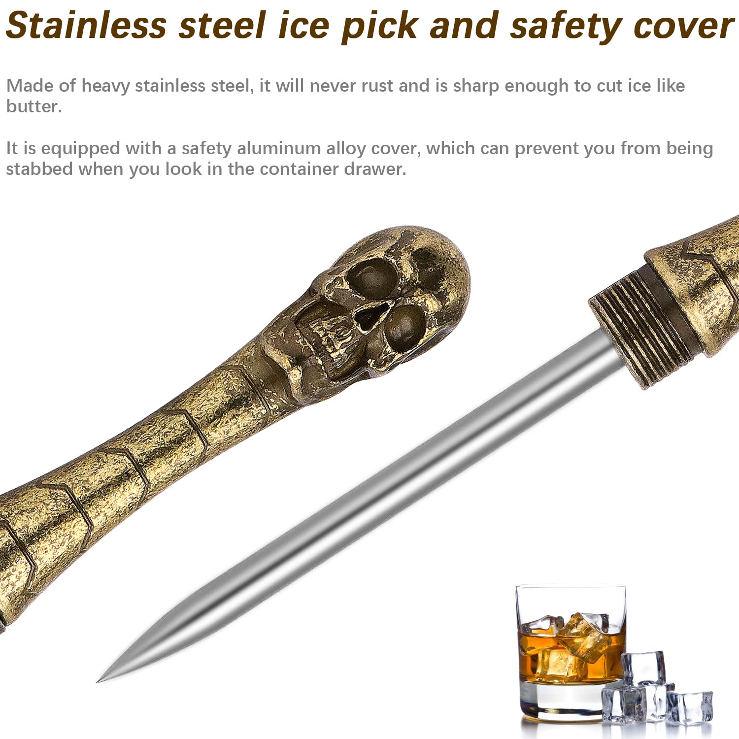 JINBAZO Ice Pick with Safety Cover, Pick Tool for Breaking Ice, Non-slip Antiskid Handle for Kitchen, Bars, Bartender, Camping (Bronze)