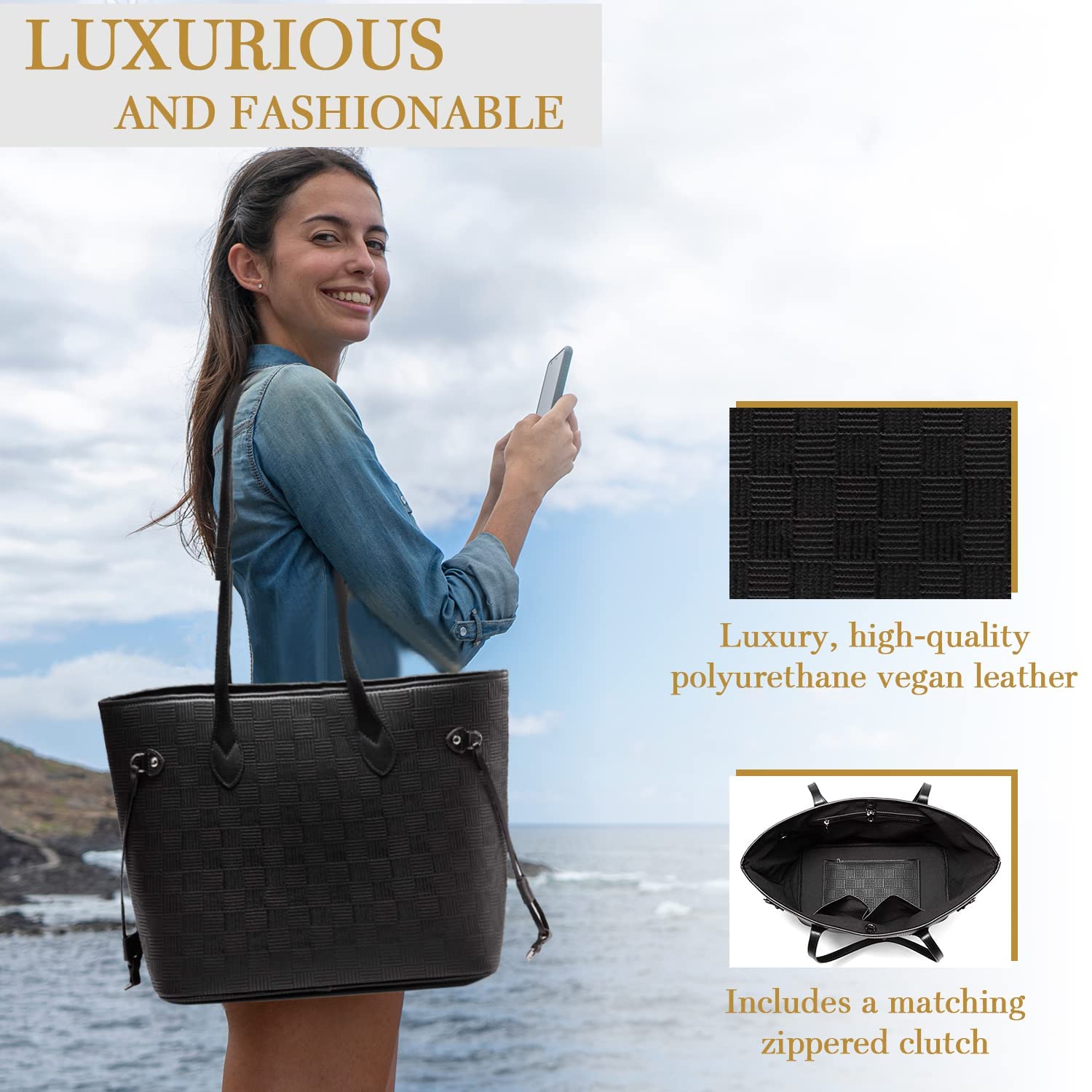 Daisy Rose Tote Shoulder Travel Bag & Matching Clutch PU Vegan Leather - Black Check
