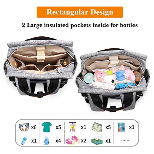 Diaper Bag Backpack, Multifunction Diaper Bags for Baby Boy, Convenient Backpacks for Girl,Water Resistant Nappy Organizer with Changing Mat,Stroller Straps,USB Charging Port,Insulated Pockets,Grey