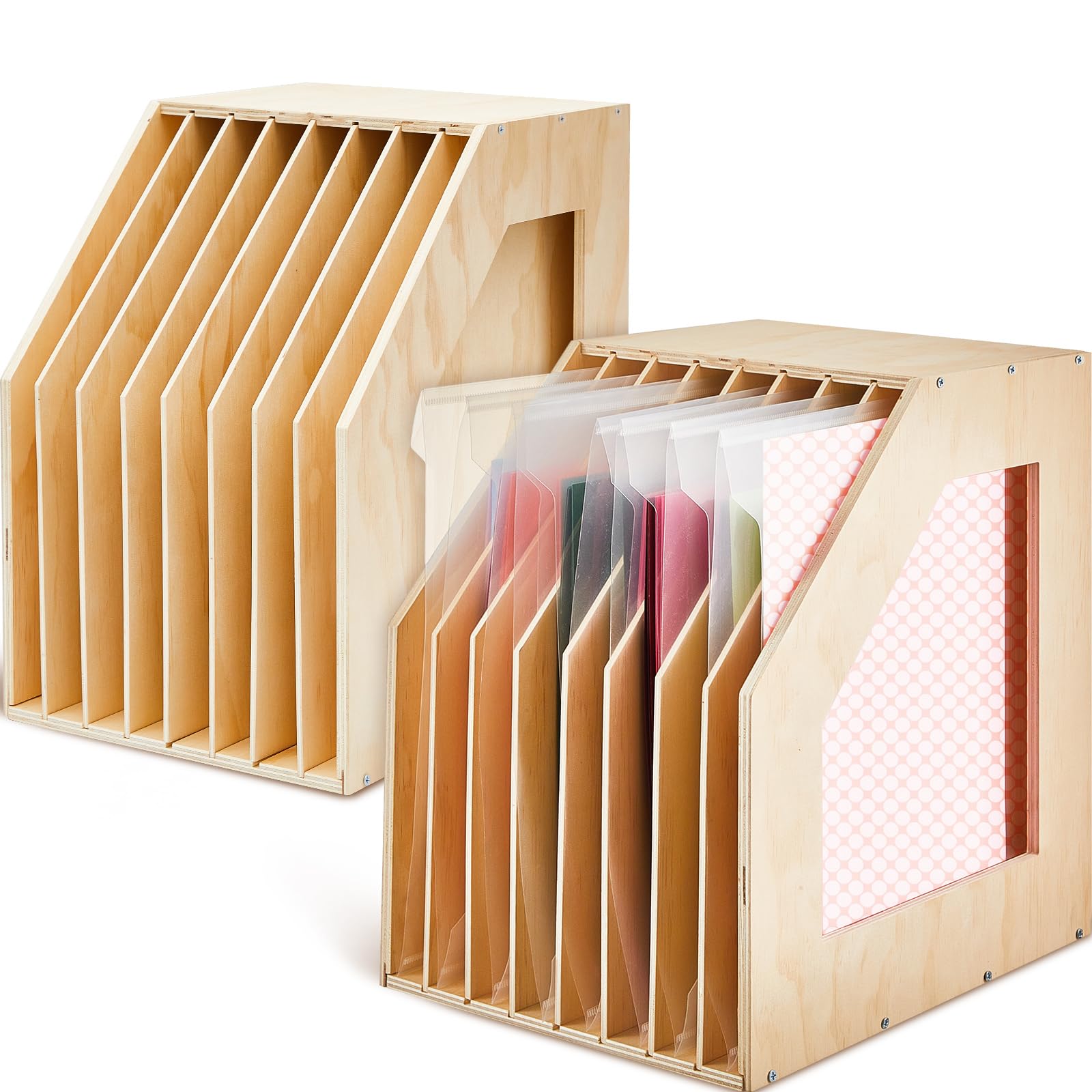 ReliThick 2 Pcs Wood Scrapbook Paper Storage Organizer for Holding 12 x 12 inch Paper Storage Box Album Holders for Vinyl Records Stand 8 Slot Desktop Rack Paper Storage Shelf Portfolio Filing Crate