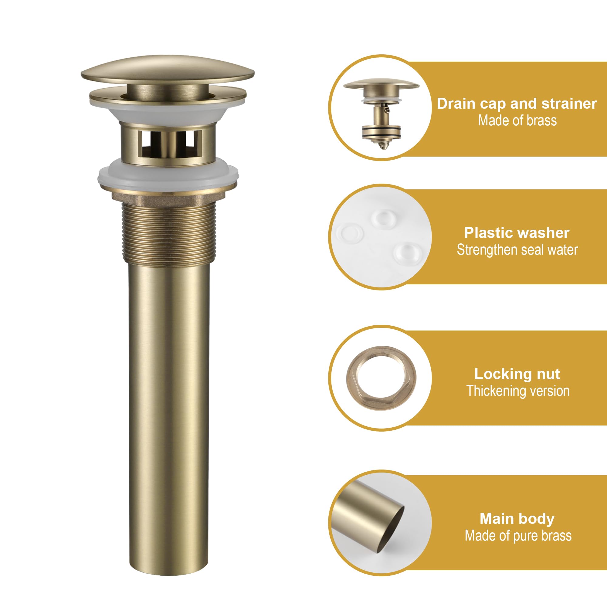 Indare Bathroom Sink Drain with Strainer Basket Anti Clog Pop Up Drain Stopper Vanity Vessel Sink with Overflow,Brushed Gold