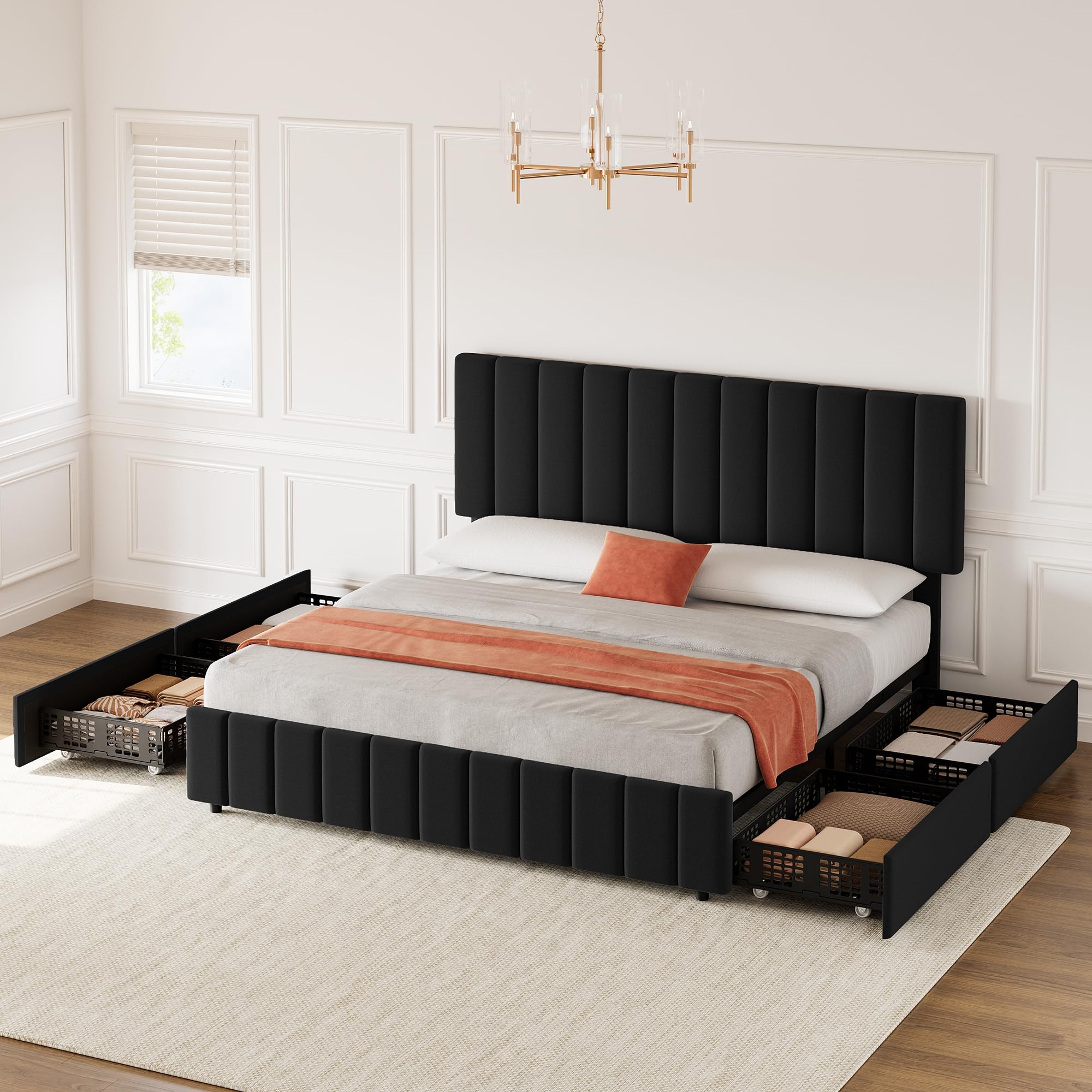 IDEALHOUSE Queen Size Bed Frame with 4 Storage Drawers and Adjustable Headboard, PU Leather Upholstered Platform Bed Frame with Wooden Slats Support, No Box Spring Needed, White