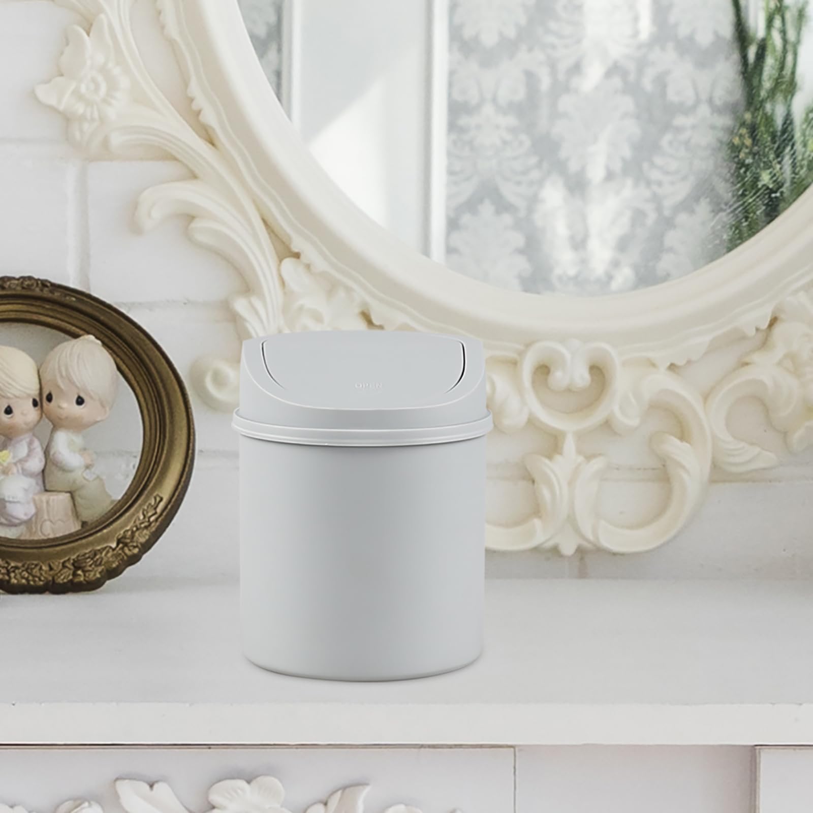 Neadas Plastic Mini Trash Can with Swing Lid, 0.5 Gallon Desktop Tiny Rubbish Bin, Grey