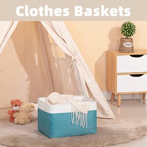 HNZIGE Fabric Storage Baskets for Shelves,Foldable Storage Baskets for Organizing(3 Pack),Rectangular Shelf Storage Bins for Shelves, Closets, Nursery, Home, Office, Empty Gift Baskets(Teal White)