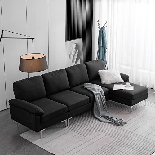 Karl home Convertible Sectional Sofa 110" L-Shape Sofa Couch 4-Seat Couch with Chaise Fabric Upholstered for Living Room, Apartment, Office, Black