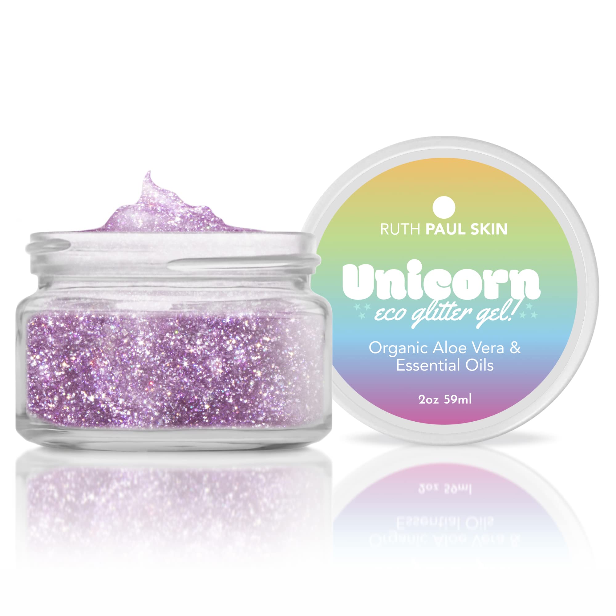 Unicorn Face, Body Glitter Gel: for Women & Girls | Biodegradable Holographic Purple Body Glitter | Fine Glitter in Aloe Vera Gel Base with Essential Oil | by Ruth Paul Skin 2oz
