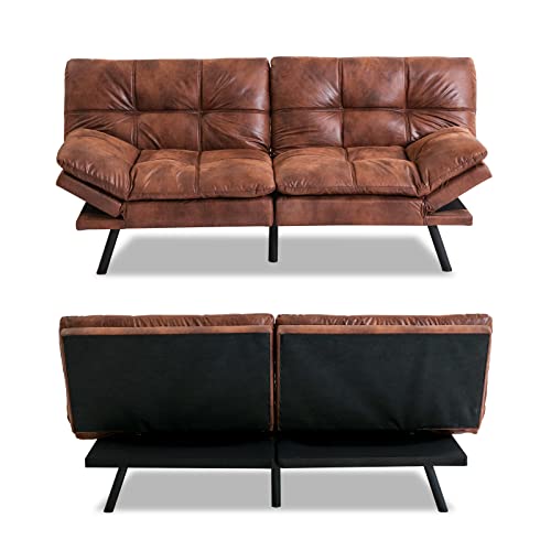 Opoiar Futon Memory Foam Couch Bed with Mattress and Frame Included,Comfortable Faxu Loveseat Sleeper Sofa for Dorm Apartment Office College Small Space Bedroom RV Living Room, Brown Leather