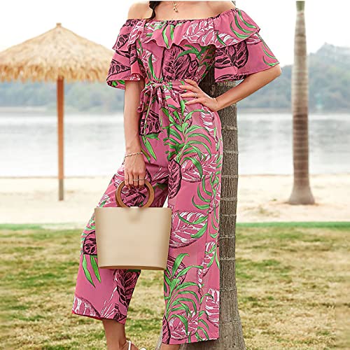 DUOWEI Women's Summer Short Sleeve Off Shoulder Floral Jumpsuit Chiffon Fashion Resort Beach Jumpsuit