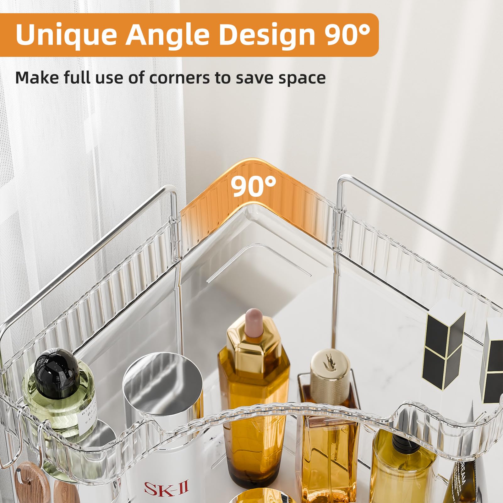Kinkota 2 Tier Corner Bathroom Organizer Countertop, Plastic Bathroom Counter Organizer, Vanity Tray Sink Shelf with Hooks, for Makeup Storage (Clear)