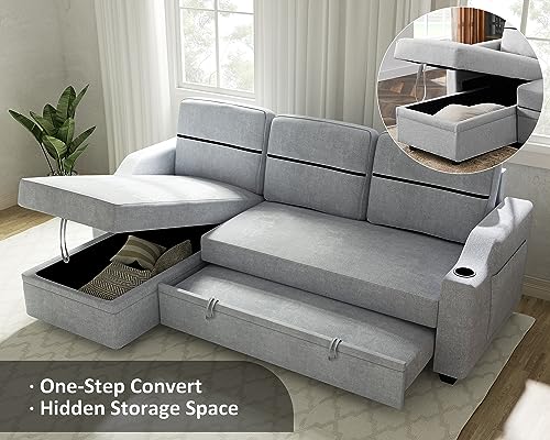 Ucloveria Reversible Sectional Sofa Couch, 82" Sleeper Sofa Bed with Storage Chaise Pull Out Couch Bed for Living Room L-Shape Lounge 2 in 1 Futon Sofa with Two Cup Holder, Grey