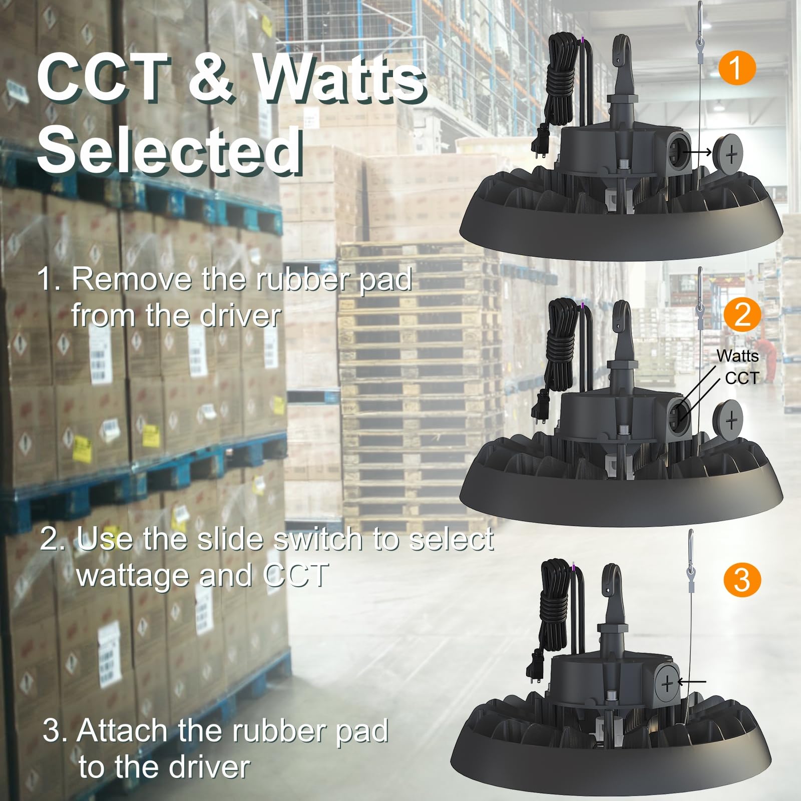 Treligate UFO Led High Bay Light 100W 125W 150W Wattage Adjustable 4000K 5000K CCT Selectable 1-10V Dimmable High Bay Lights with 5' US Plug Alternative to 650W MH/HPS for Factory Warehouse
