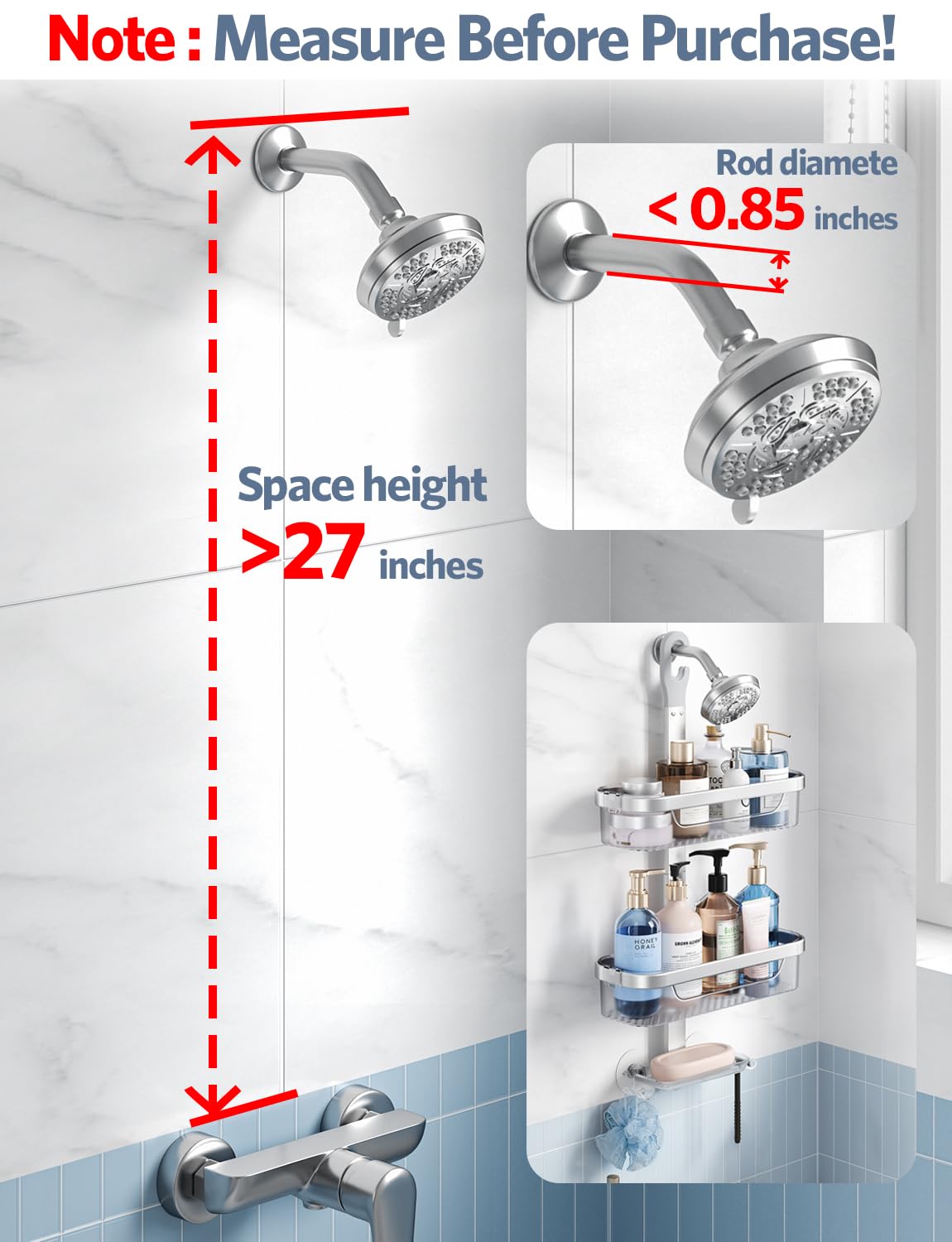 LAMU Adjustable-Shower-Caddy-Hanging, Rust Proof Shower Hanging Organizer, 3-Tier Aluminum Alloy + ABS, Large Capacity Shower Caddy Over-the-Showerhead with Hooks, Razor Holder, Soap Dish, Silver