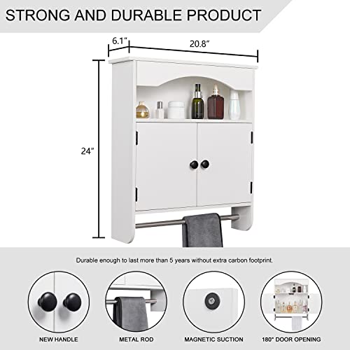 LUCYPAL Bathroom Cabinet Wall Mounted with Doors, Wooden Hanging Cabinet, Bathroom Cabinet with Towel Bar Over The Toilet, Bathroom Wall Cabinet White