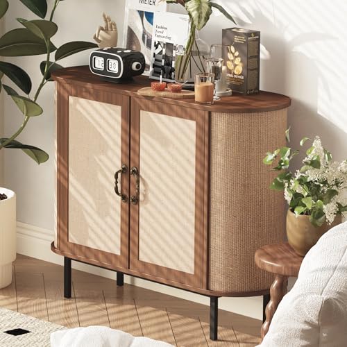 Janmer Home 39.4" Buffet Cabinet with Storage, Curved Storage Cabinet with 2 Doors, Boho Modern Accent Cabinet with Adjustable Shelves for Living Dining Room, Hallway, Entryway (39.4inch, Walnut)