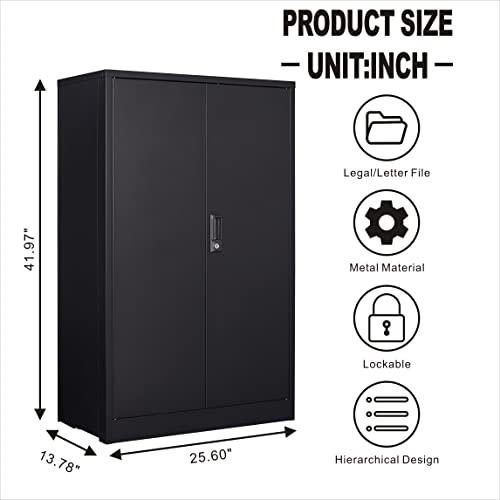 LUCYPAL Metal Storage Cabinet with 2 Adjustable Shelves,Locking Steel Cabinets with Doors,Office Storage Cabinet for Home Office,Garage,Black