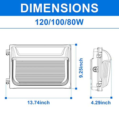 LED Wall Pack Light with Dusk-to-Dawn Photocell,120W/100W/80W Selectable, 0-10V Dimmable 15600LM 5000K Daylight Outdoor Wall Light,Replace 450W MH/HPS, IP65 120-277V AC for Parking Lot DLC & UL Listed