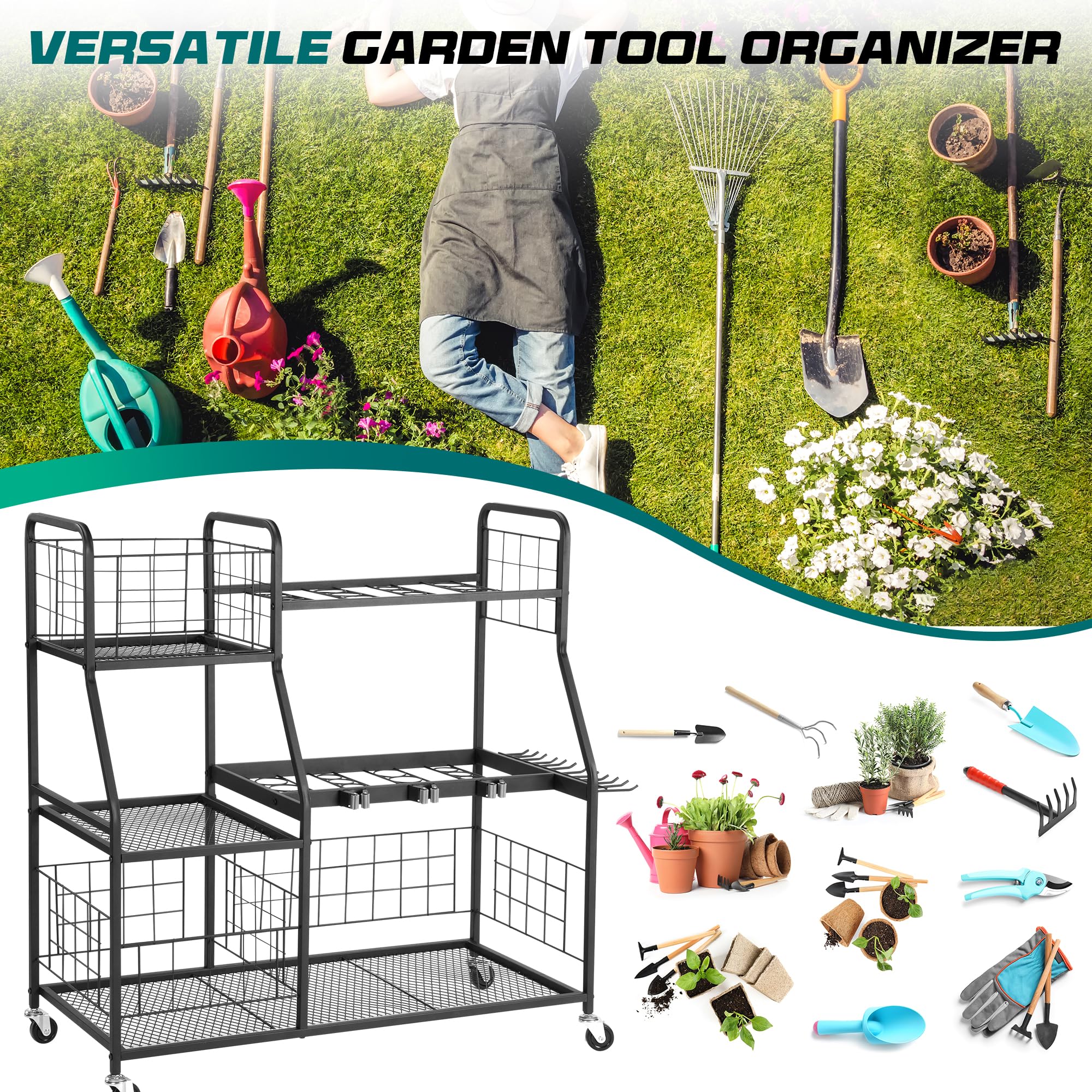 Rengue Garden Tool Organizer, 3 Tier Utility Yard Tool Organizer with Wheels, Large Garden Tool Storage Rack with Extra Storage Basket for Shed/Garage/Garden/Yard/Lawn