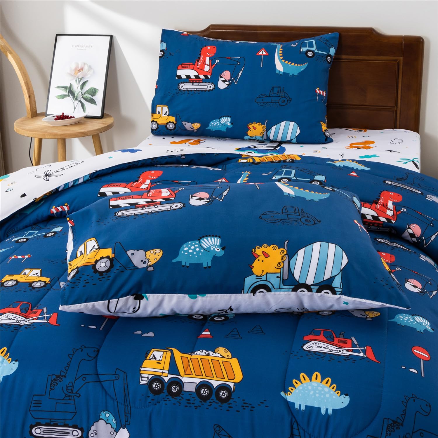 Meeting Story Construction Truck Car Twin Comforter Set for Boys,5 Pieces Dinosaur Bedding Set with Sheets and Pillowcases,Excavator Lightweight Microfiber Bedding Sets(Blue,Twin5pcs)