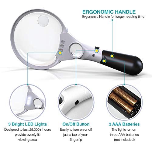 MagniPros 3 Ultra Bright LED Lights 3X 4.5X 25X Power Handheld Reading Magnifying Glass with Light- Ideal for Reading Small Prints, Map, Coins, Inspection and Jewelry Loupeā¦
