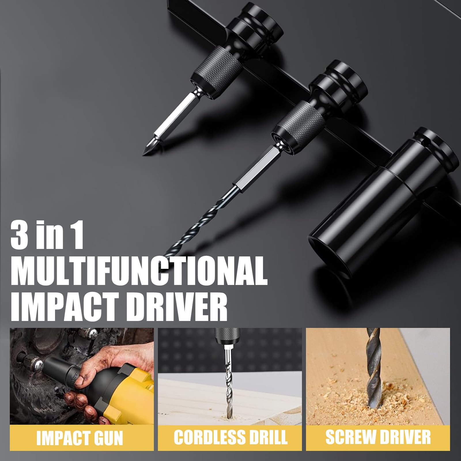 NCOEN 1/2 Impact Wrench Brushless Impact Gun Upgraded 3 in 1 impact Drill bit Variable Speed 2800RPM High Torque with Battery and Fast Charger 4 Sockets with Storage Bags