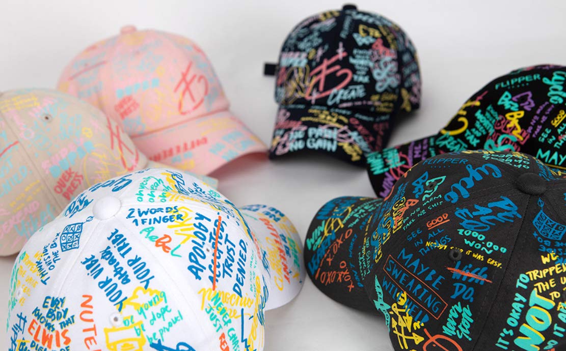 Flipper New Version of Designer Multi Colors Doodle Sketch Graffiti Cotton Baseball Cap K-pop Korean Dad Hat, (White, Large ~ X-Large (23 1/8" ~ 23 7/8"))