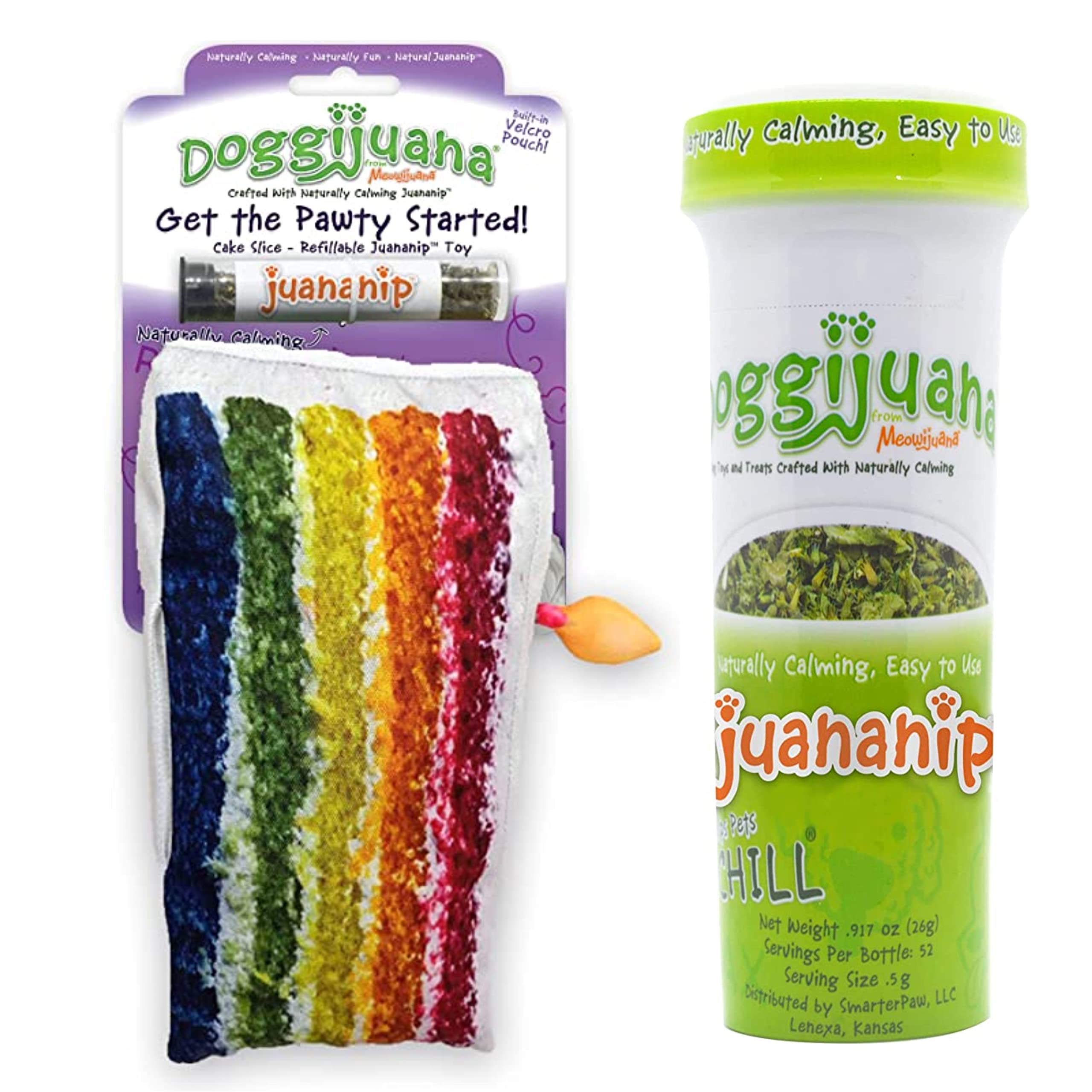 Doggijuana Get The Pawty Started Cake/Refillable Catnip Dog Toy/Juananip⢠Refill Bottle/Promotes Play and Helps Your Dog Chill