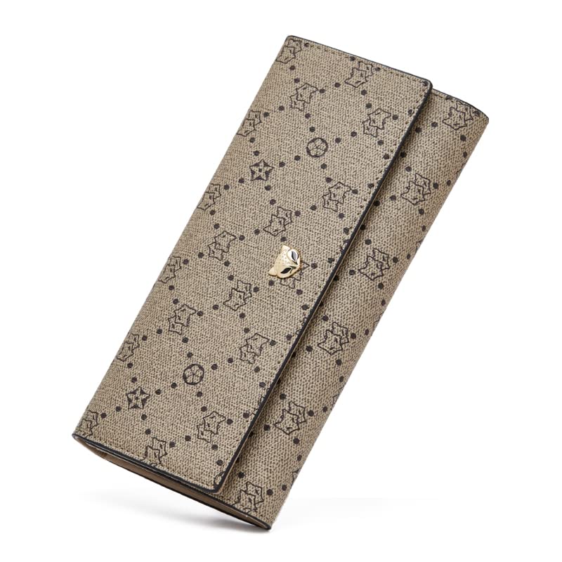 FOXLOVER Faux Leather Ladies Wallets Purses with Zipper Pocket Gift Box Packing Womens Signature Monogram Trifold Wallets Credit Card Holders (Grey)