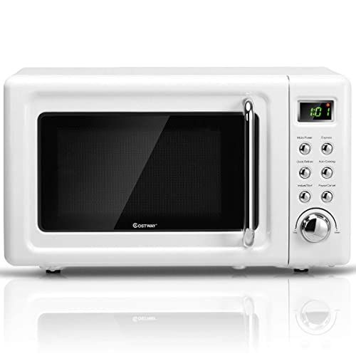 Retro Countertop Microwave Oven, Large 0.7Cu.ft, 700-Watt, Cold Rolled Steel Countertop with Time Setting, Glass Turntable Plate, Pre-Programmed Cooking Settings, LED Display, Child Lock (White)
