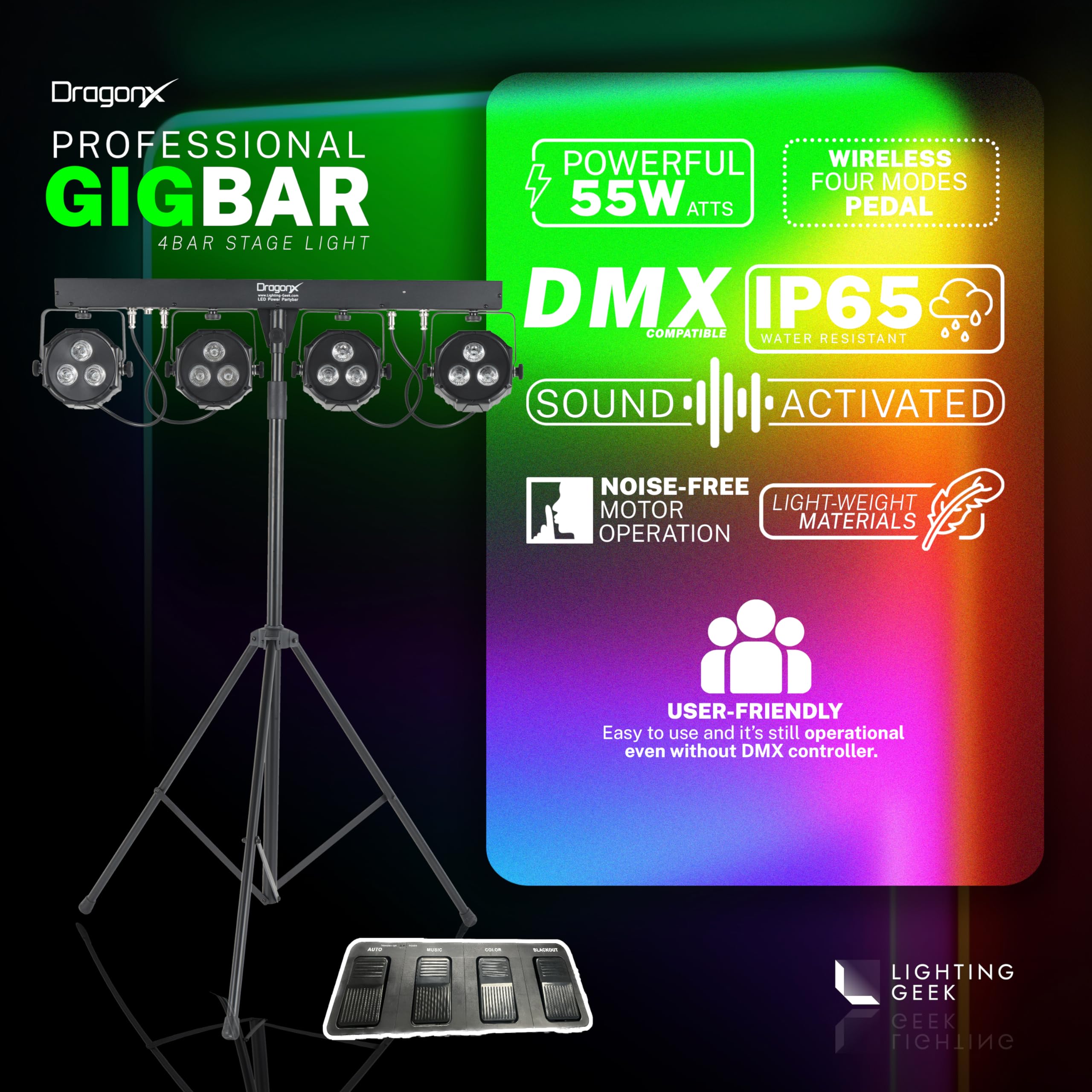 DragonX 4 Gigbar DJ Stage Light Stands with DMX LED, Mobile DJ Lighting Packages, Par Can Spotlight, Sound Activated Strobe for Party, Wedding, Church, DJ Stand for Lights