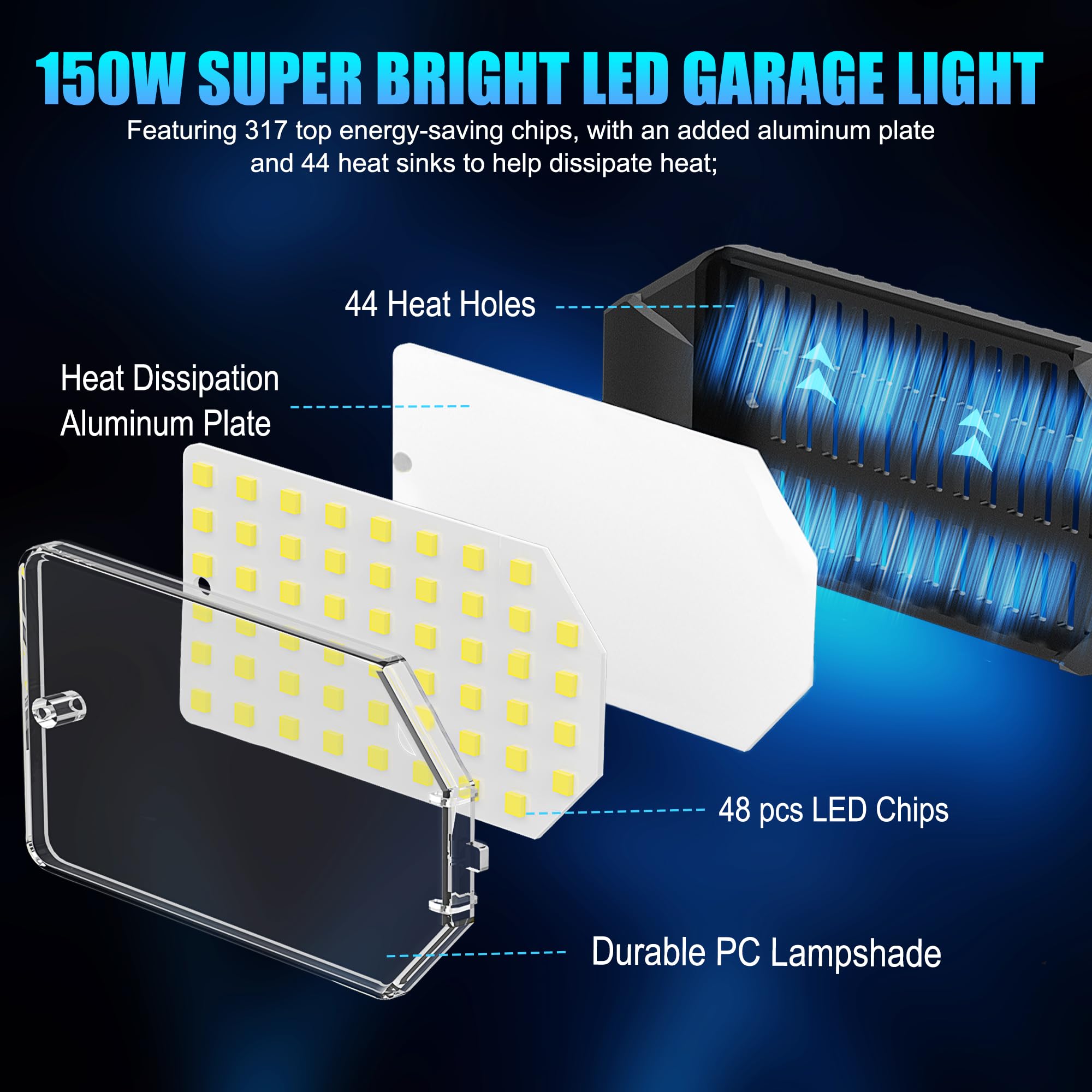 LED Garage Ceiling Light 150W 15000LM Super Bright Light Bulbs with 6 Adjustable Panels E26/E27 Screw in LED Shop Lights Deformable Garage Lighting for Workshop, Warehouse, Basement -2 Pack