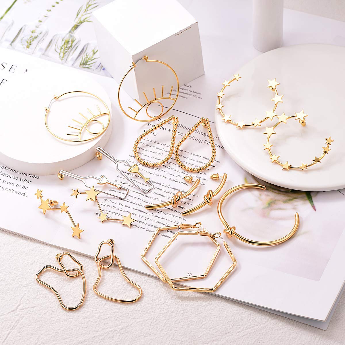 FOCALOOK Gold Eye Earrings for Women 18K Gold Plated Dangle Abstract Evil Eye Hoop Earrings