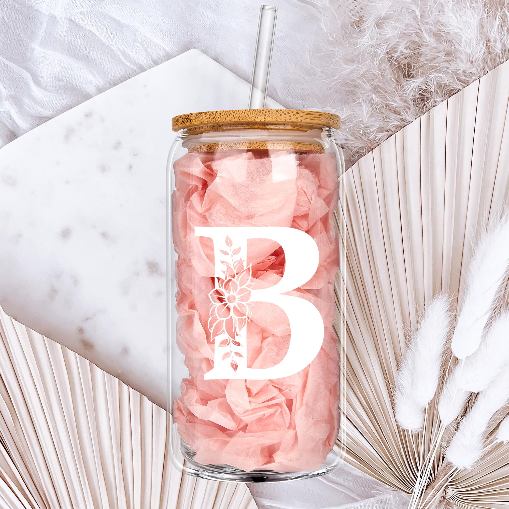 Personalized Gifts for Women, Monogrammed Glass Cups with Lids and Straws, Custom Tumbler, Cute Customized Mug, Aesthetic Stuff, Initial Iced Coffee Cup, Drinking Glasses, Birthday Teacher Gifts, A
