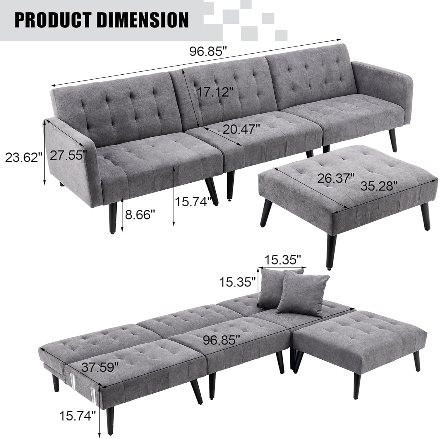 KissAir Modern Linen sectional Convertible Sofa Bed Reversible Sectional Sofa Sleeper Mid-Century Upholstered Comfy Couches for Living Room w/Chaise Lounge,Split-Back,Removable Armrests(Dark Grey)