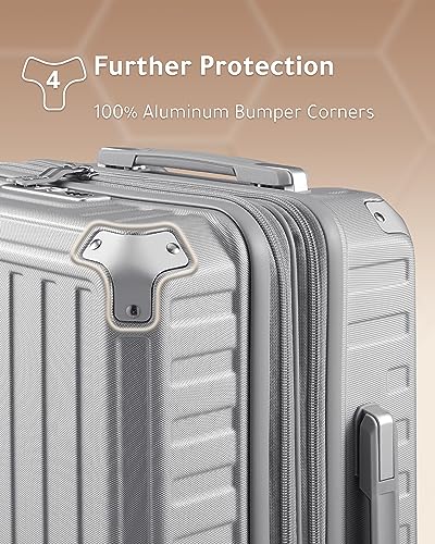 LUGGEX PC Carry On Luggage 22x14x9 Airline Approved - Expandable Hardside Luggage with Spinner Wheels - 4 Metal Corner Hassle-Free Travel (Silver Suitcase)