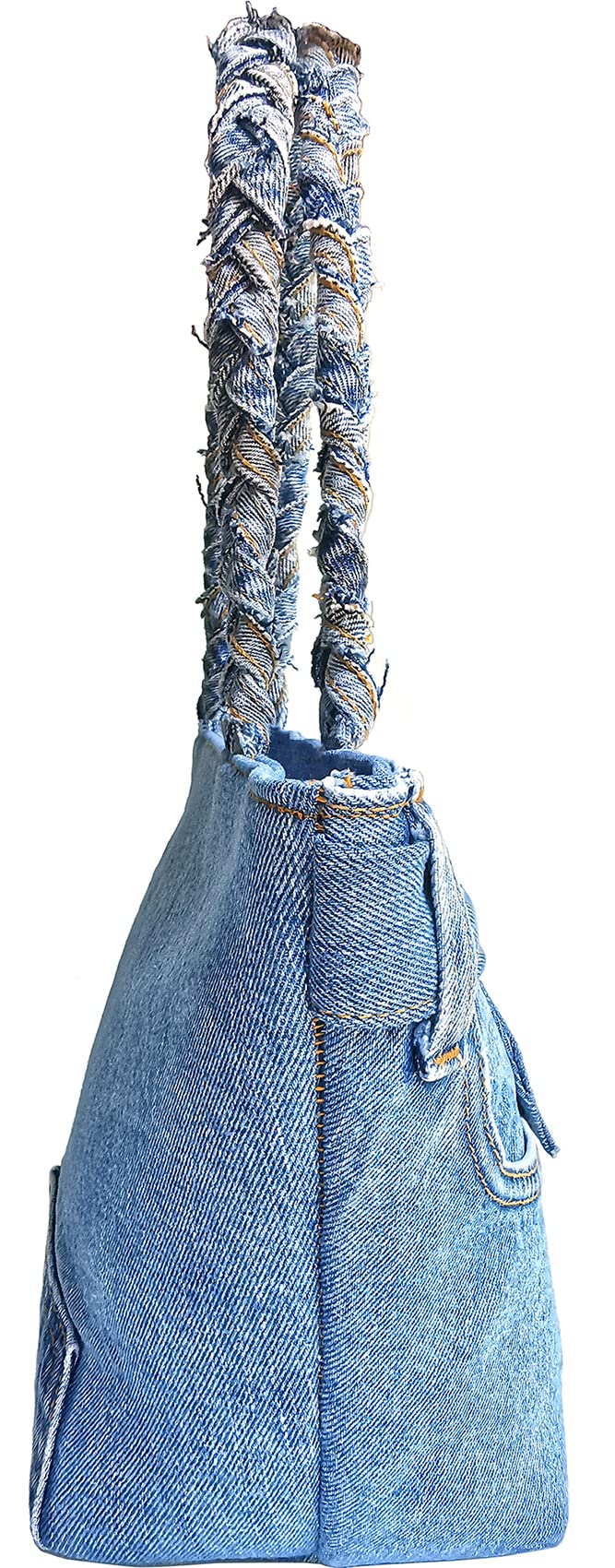 Upcycling Blue Denim Jeans Trapeze Bag Silver Stud Bow-Tied Braided Strap Top-Handle Handbag Purse for Women