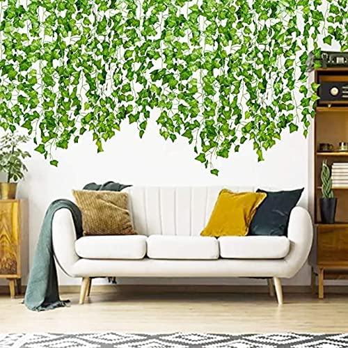Fly Array 6.7 Ft 2 Strands of Artificial Ivy Wreath Leaf Vines, Plastic Ivy, Hanging Fake Plants, Used for Home Kitchen Garden Office Wedding Wall Decoration (Green)