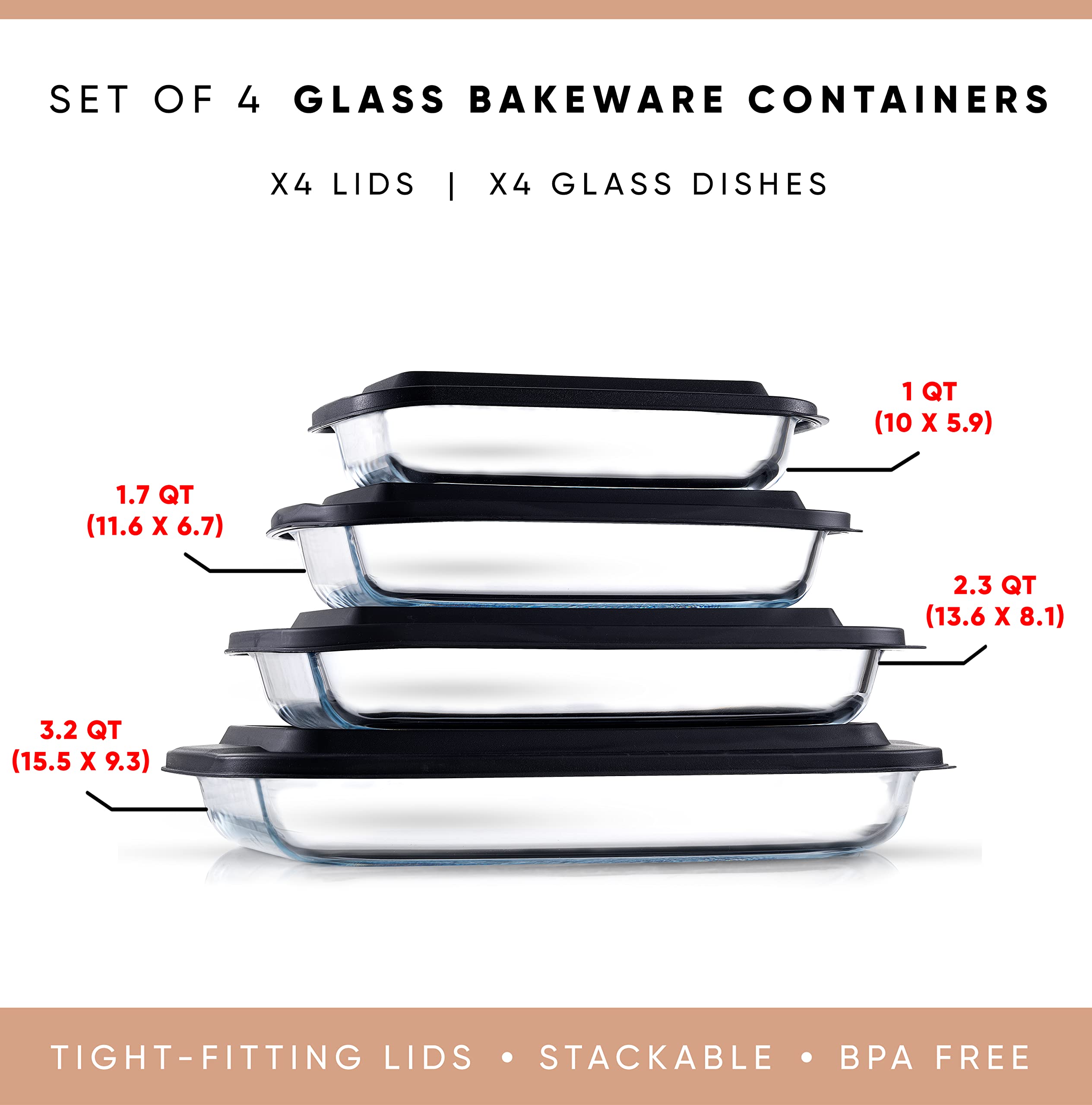 JoyFul by JoyJolt 8pc Glass Bakeware Set. 4x Baking Pan Dishes and 4x Baking Dish Lids for Kitchen Storage, Deep Baking Sheet, Oven Tray, Rectangle Casserole Dish, Lasagna Pans, Cake Baking Sheets